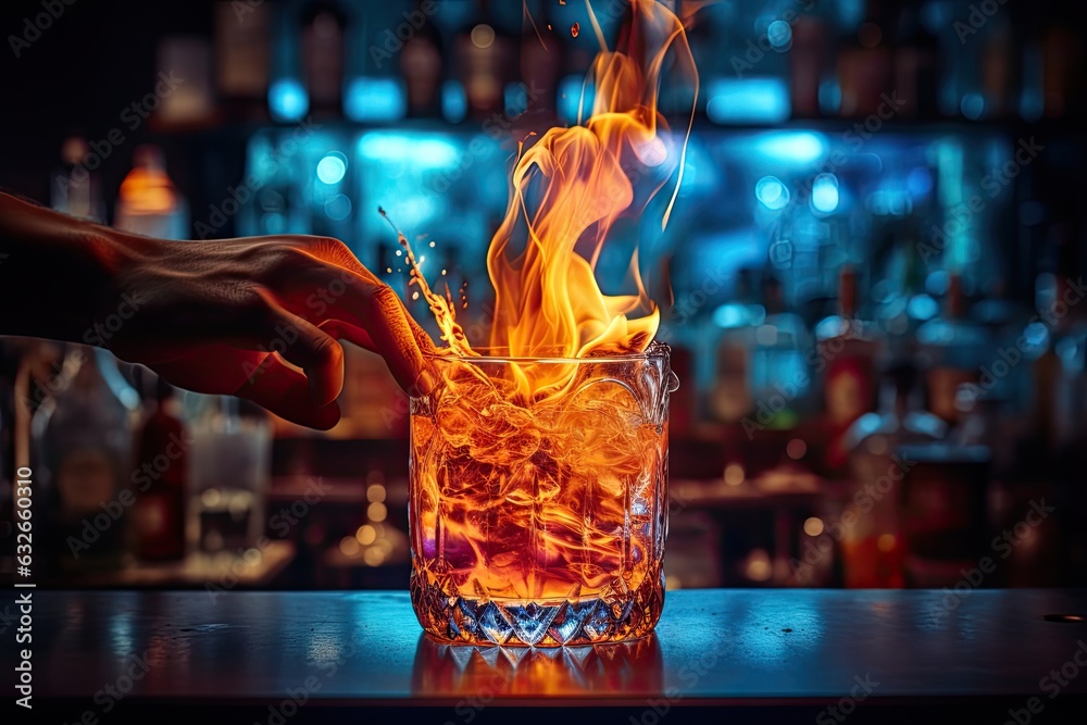 Close up of hand of bartender making cocktail at bar counter in night club, A glass of fiery ...