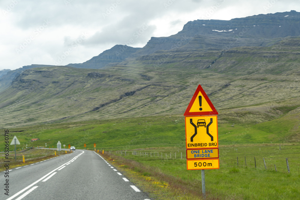 Icelandic road sign for an upcoming one lane bridge, taken along the ...