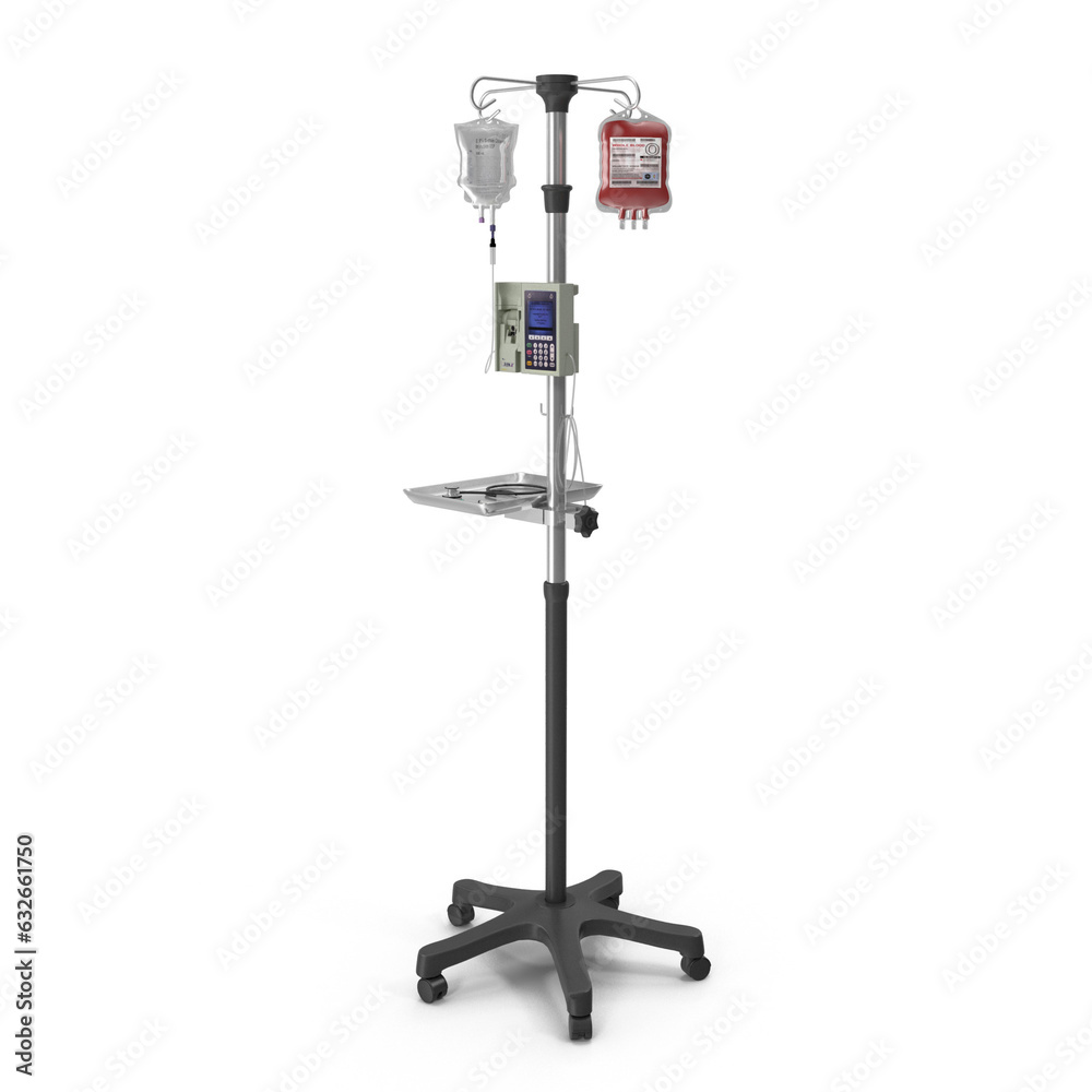 IV Stand Line and hanging blood or saline bag, serum.3d rendering ...