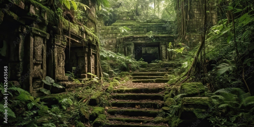 AI Generated. AI Generative. Ancient old jungle forest building ruin ...