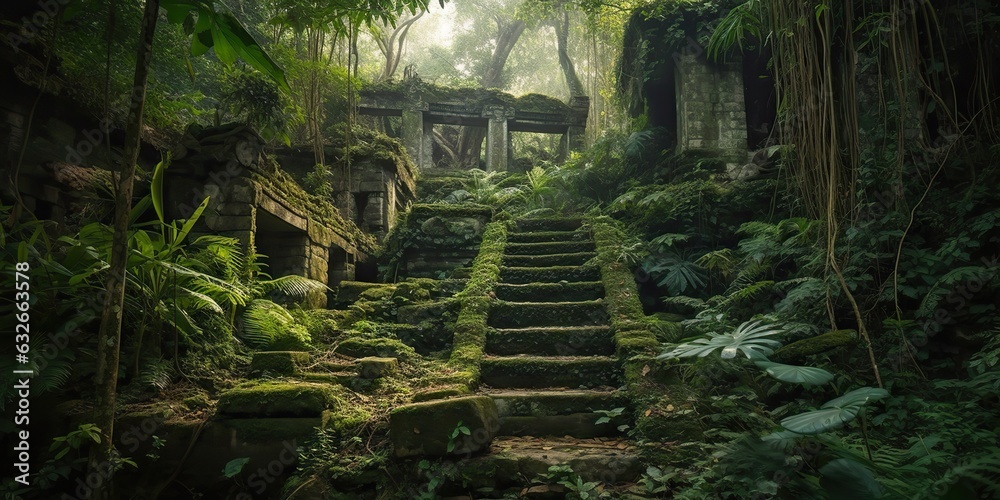 AI Generated. AI Generative. Ancient old jungle forest building ruin ...