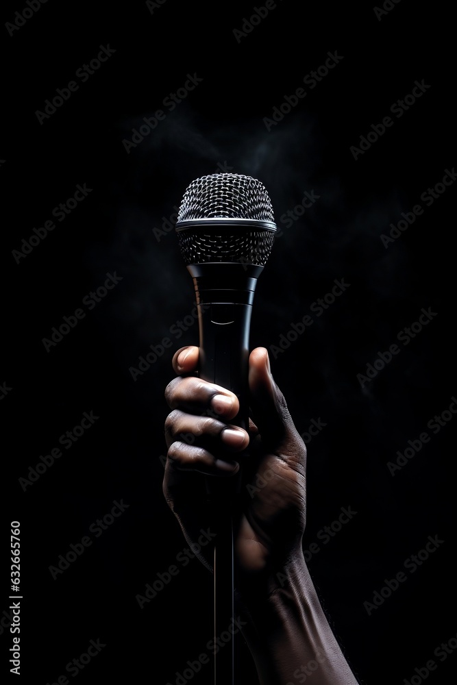 Hand holding microphone on black background Generative AI Stock Photo ...