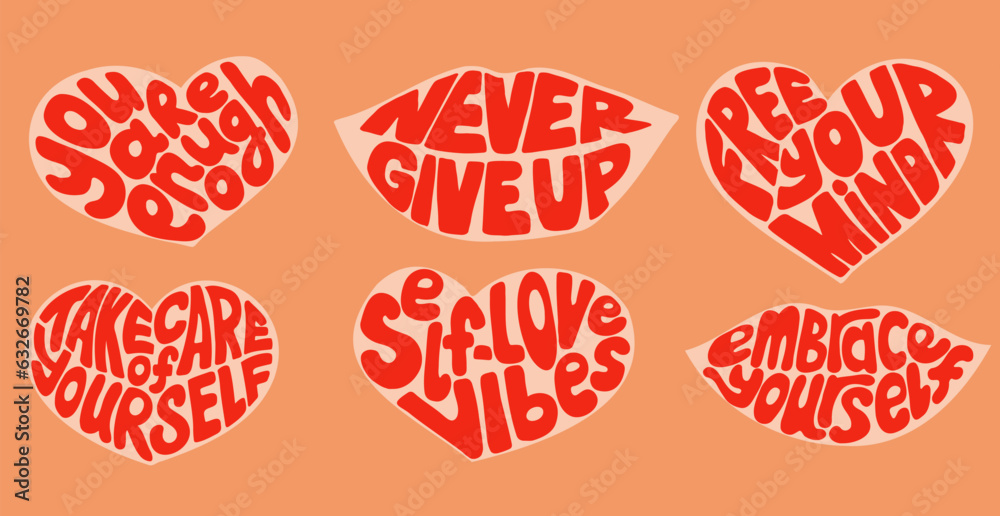 Groovy retro positive lettering in heart shape. Typographic flat ...