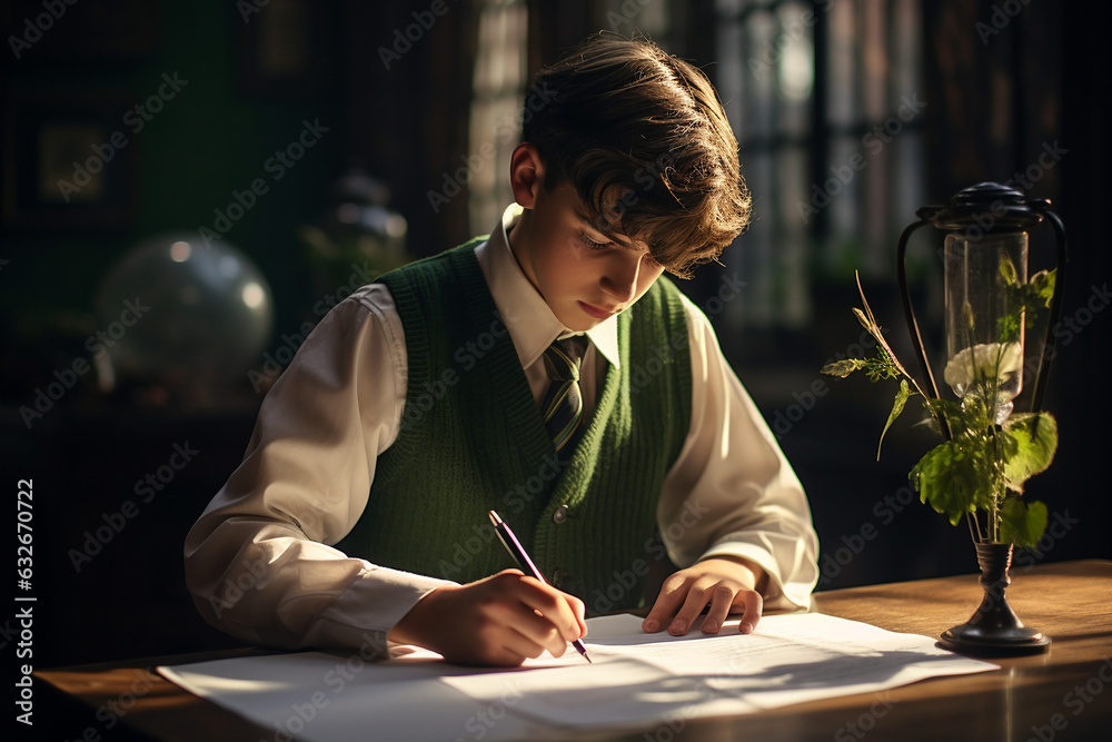 a schoolboy in a green uniform and a tie sits at a desk and writes ...