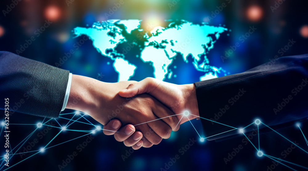 Businessmen handshake global stock market graph bar chart globe network ...