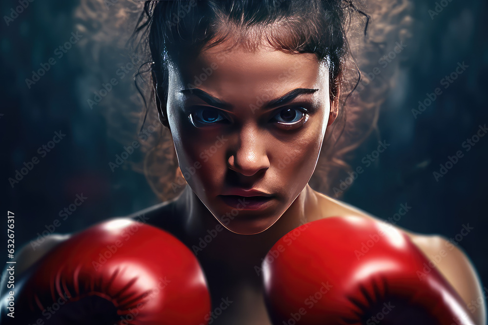 Young Woman athlete in boxing fight pose with gloves for box, angry ...