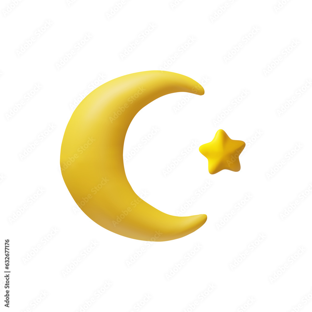 3D render islamic crescent symbol. Vector yellow moon and star. Arabic ...