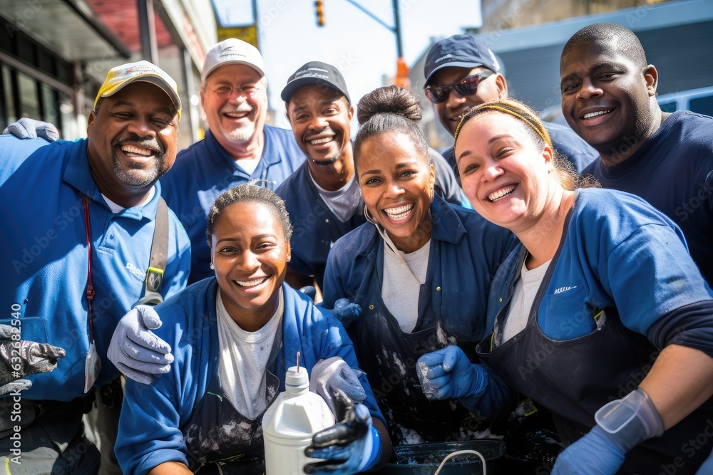 Diverse and mixed group of sanitation workers taking a portrait photo ...