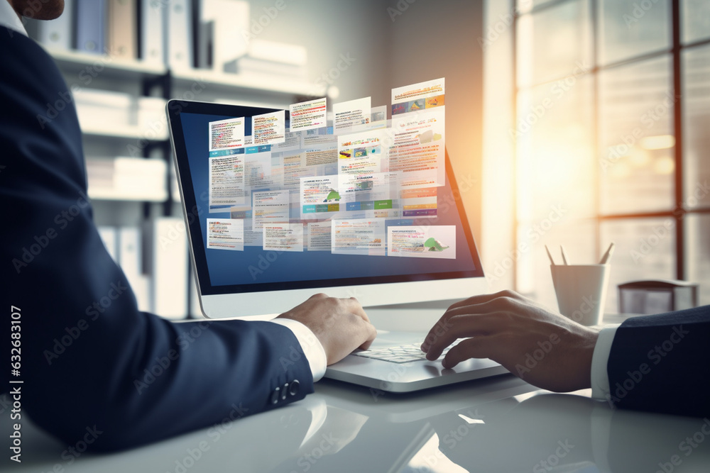 IT consultant working on laptop computer in office and use ERP for ...