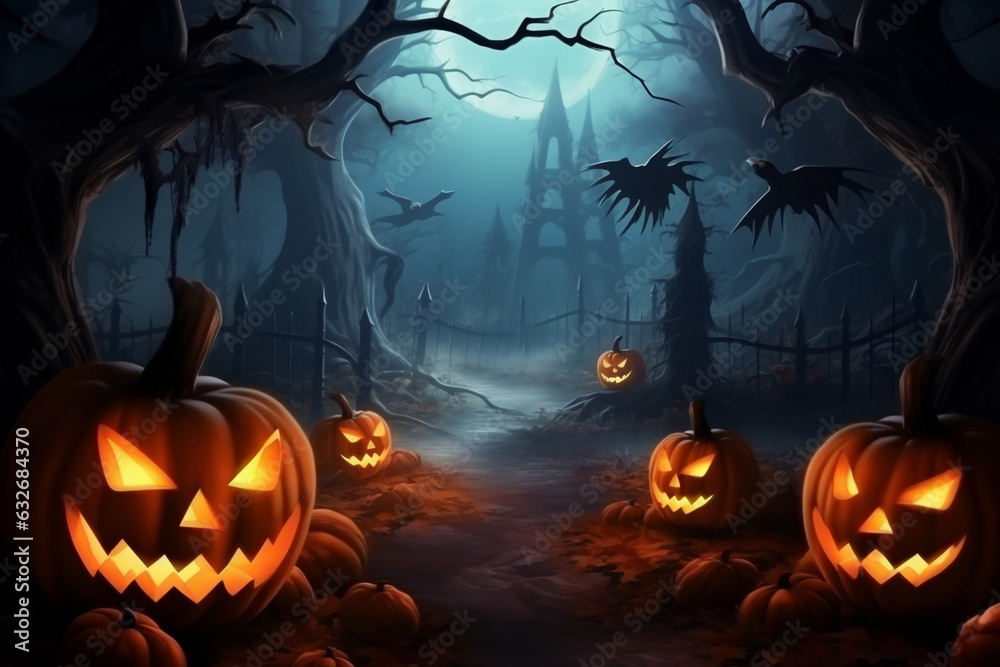 Haunted woods with a misty pumpkin patch and eerie lights. Halloween ...