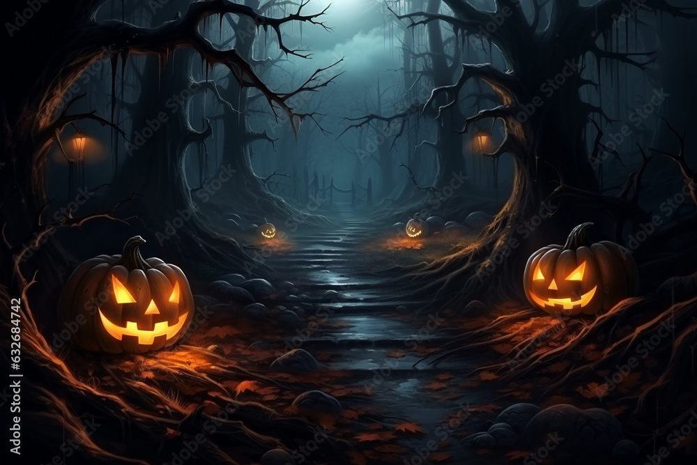 Moonlit forest path leading to a hidden pumpkin patch. Halloween ...