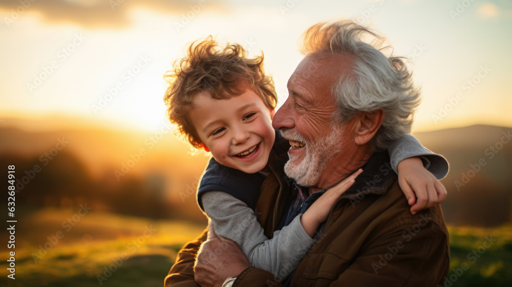 happy grandparent and grandson hugging and having fun in nature Stock ...