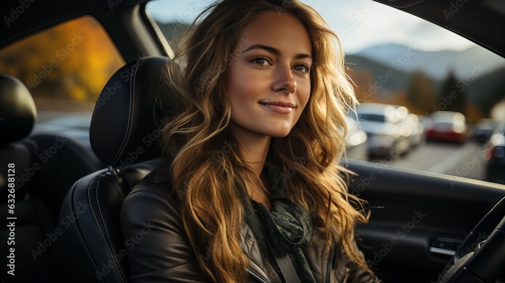 Beautiful young woman driving a car on a road trip in autumn. Beautiful ...