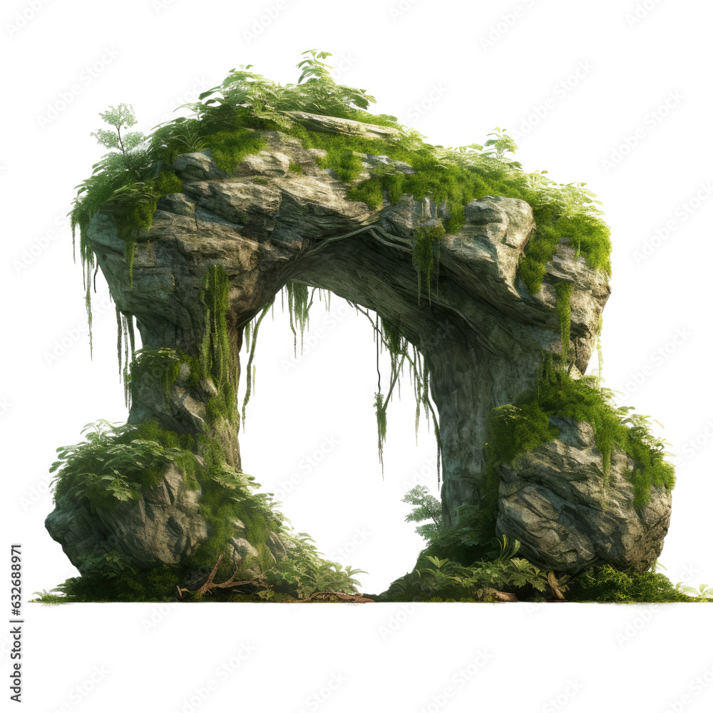 Forest rock arch isolated on white with moss covered cave entrance ...