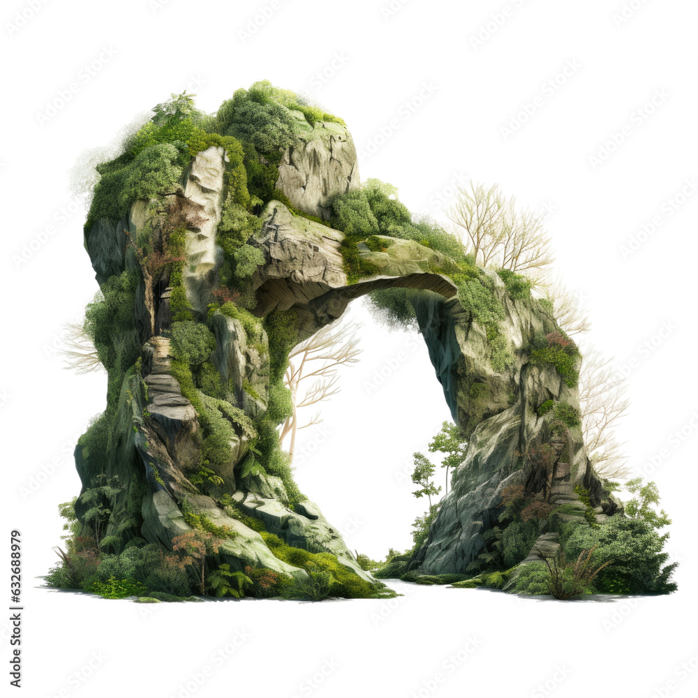 Forest rock arch isolated on white with moss covered cave entrance ...