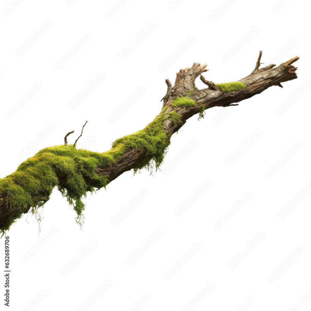 isolated, side view of rotten branch covered in green moss. Stock Photo ...