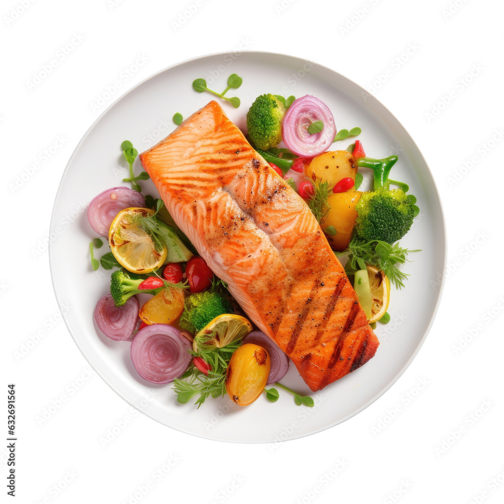 white background, top view of cooked salmon steak with vegetables ...