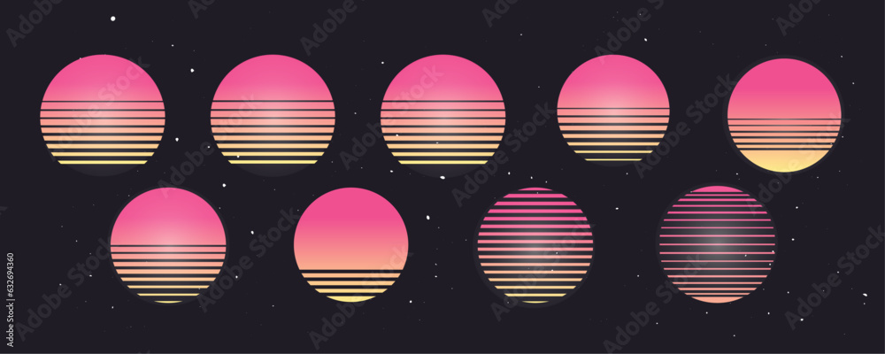 80s Retro Sunset collection. Set of vintage graphics with sun dipped in ...