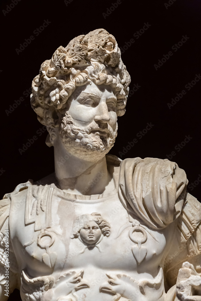 Roman Emperor Hadrian in military garb. Roman statue. Art, history or ...