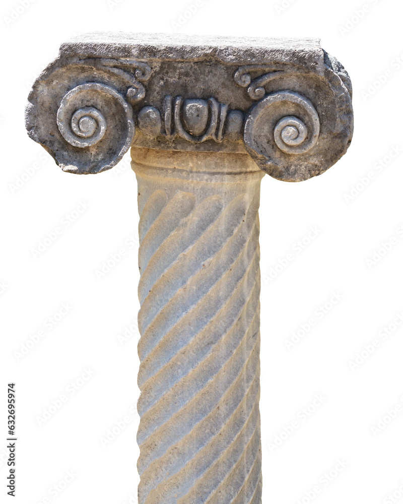 Capital and column of the ancient Greek Ionic order. Vertical, isolated ...