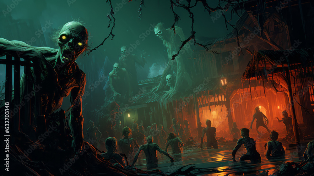 A creepy group of zombies walking down a dark street at night ...