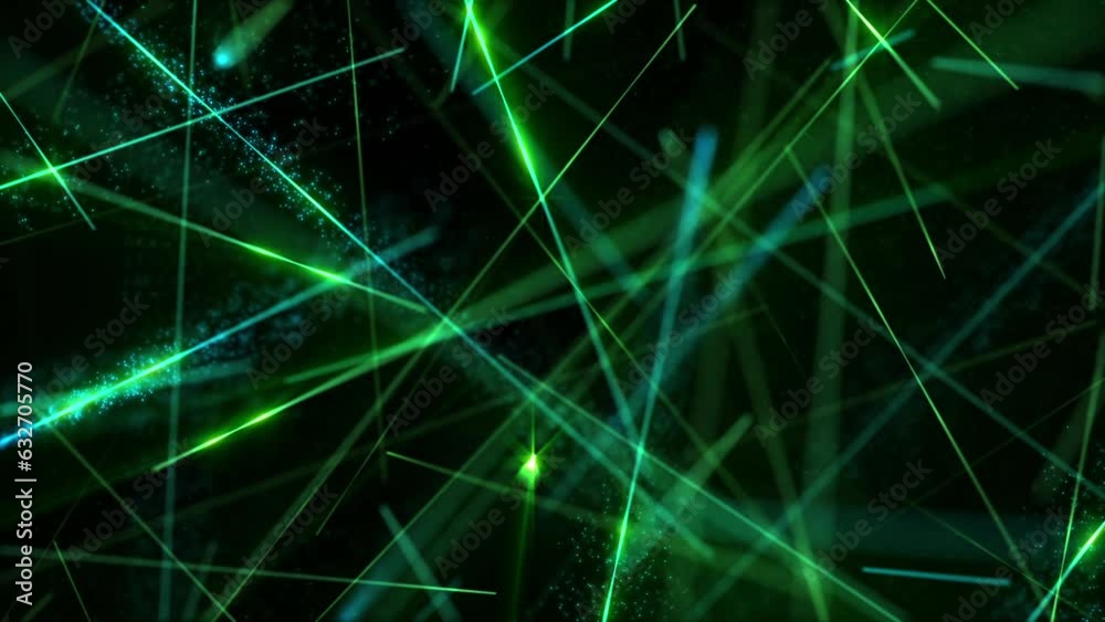 Glowing green and blue laser beams motion background with shiny ...