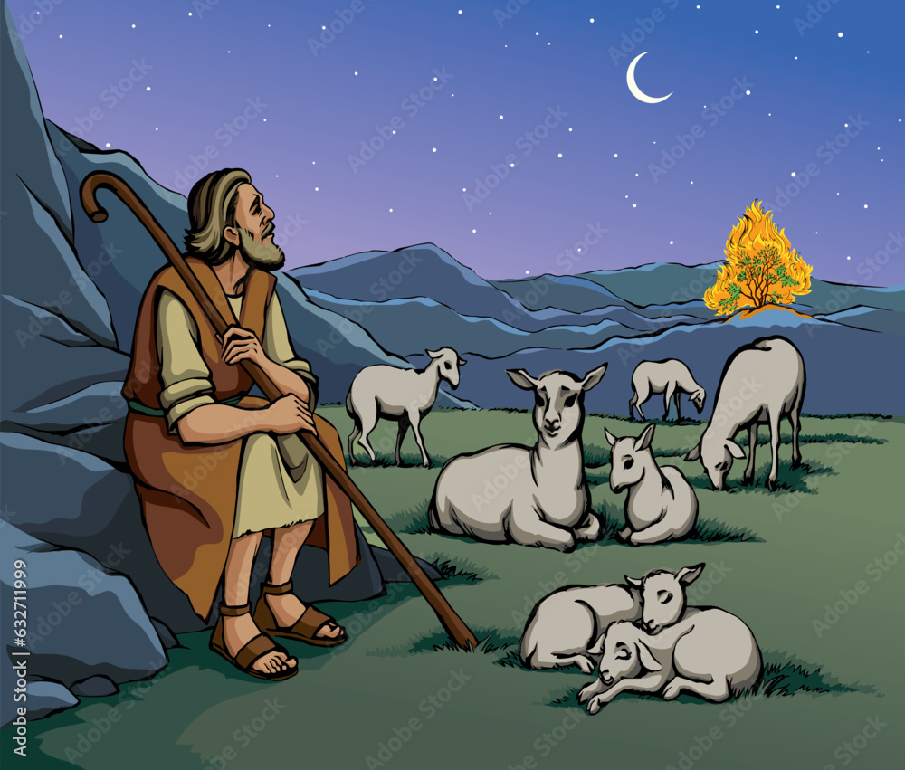 Poster Vector drawing. Shepherd with sheep. Moses look at flaming bush ...