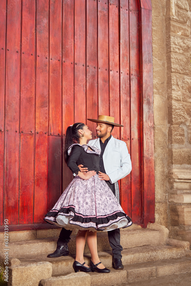 romantic portrait young latin american couple looking at each other ...