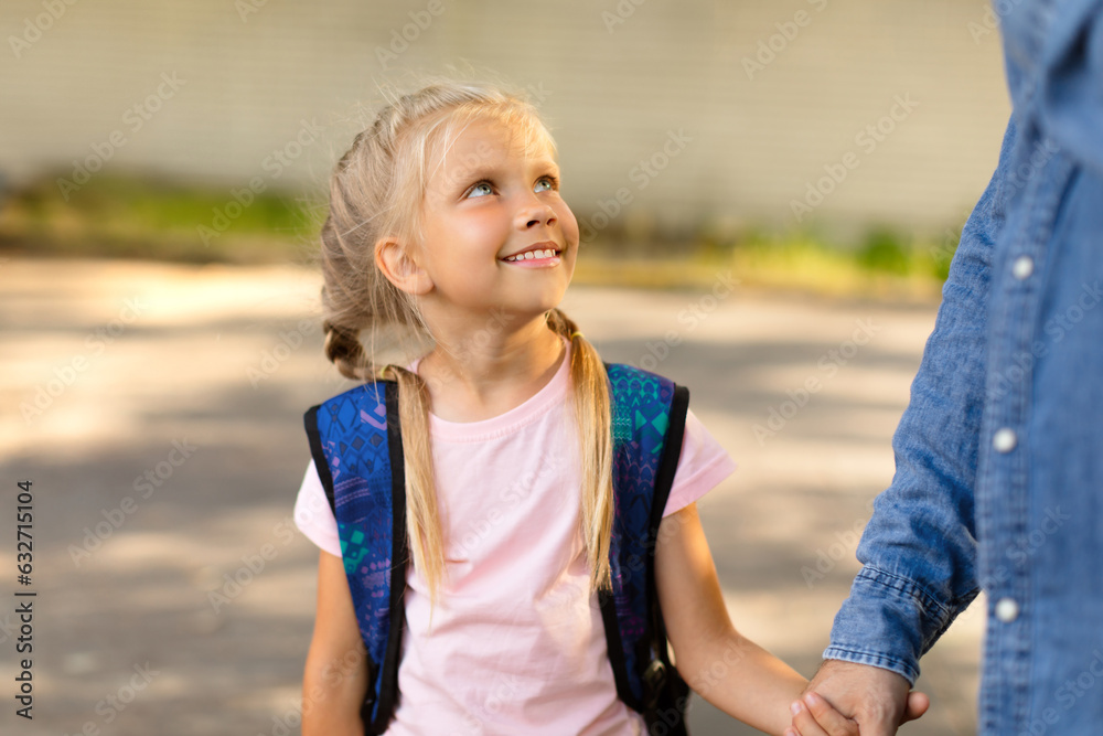 Kidnapping children concept. Good little gullible girl holding hand of ...