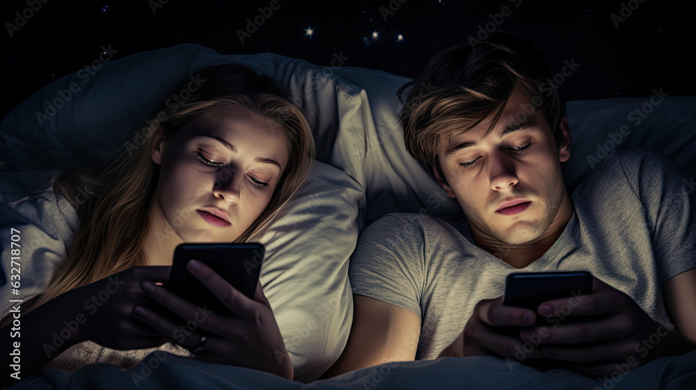 siding Couple Couple sleep with smartphones in their bed. Mobile phone ...