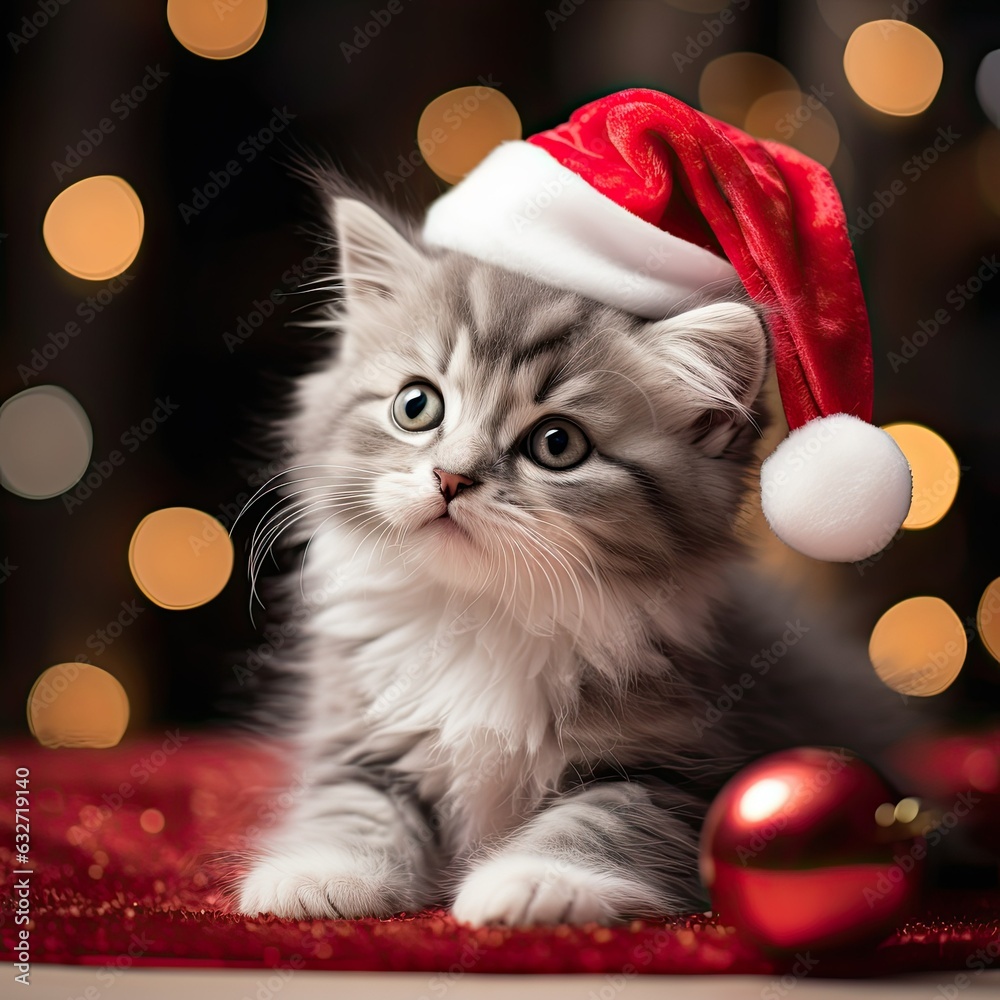 the most beautiful kitten with a red santa claus hat sits under ...