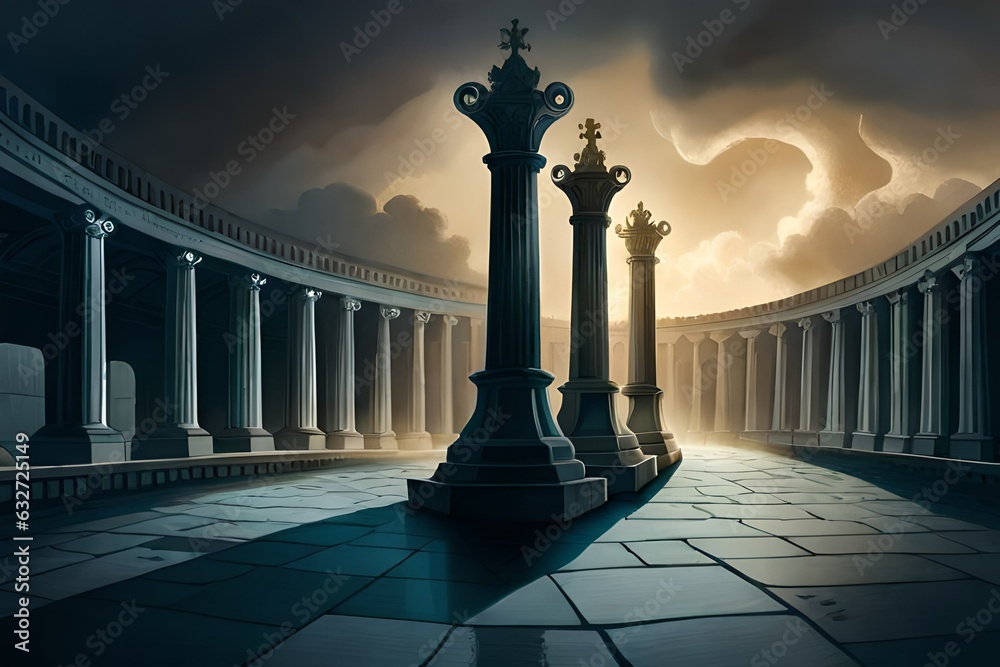 An illustration of ancient Rome during an apocalyptic event, shrouded ...