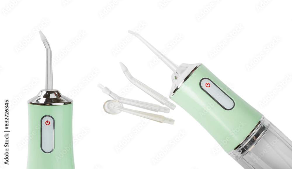 Electronic oral irrigator isolated on white background. Dental tool for ...