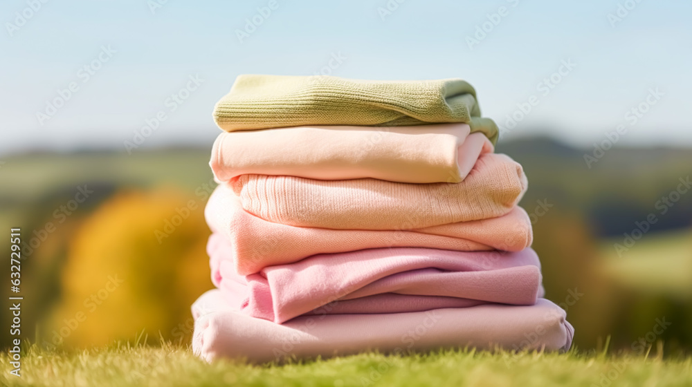 Laundry, housekeeping and homemaking, stack of clean and folded clothes ...