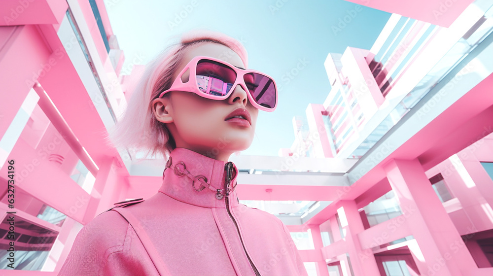 Architect wearing AR glasses, visualizing futuristic pink buildings and ...