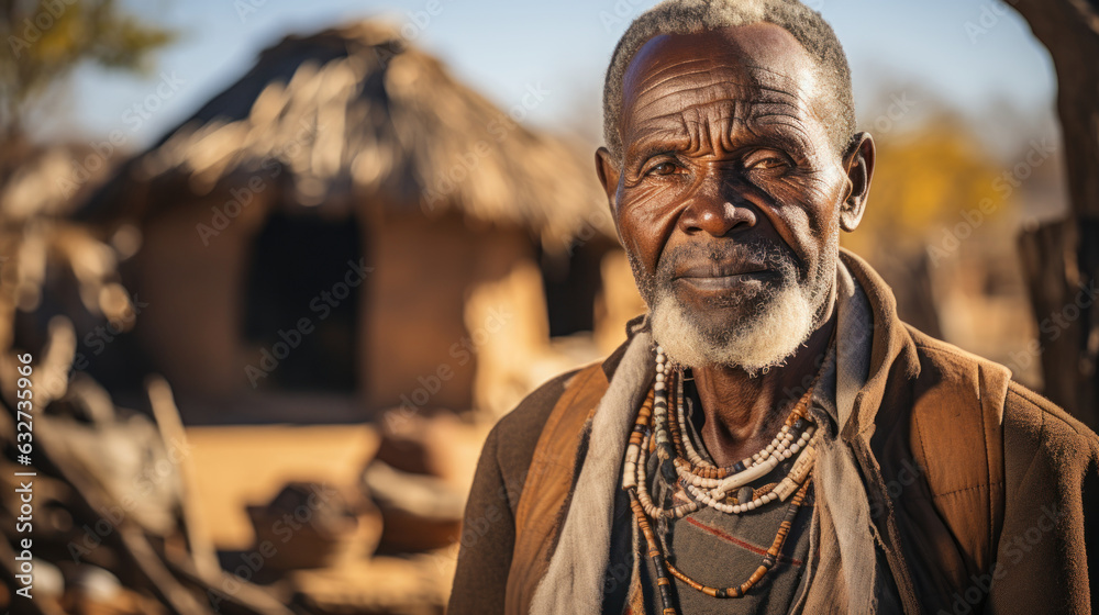 Portrait of an old man from the African tribe in the village Jwaneng ...