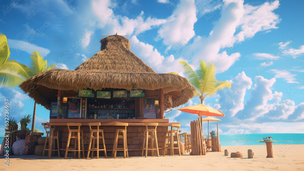 tiki bar on the beach with a palm tree and a blue sky with clouds in ...