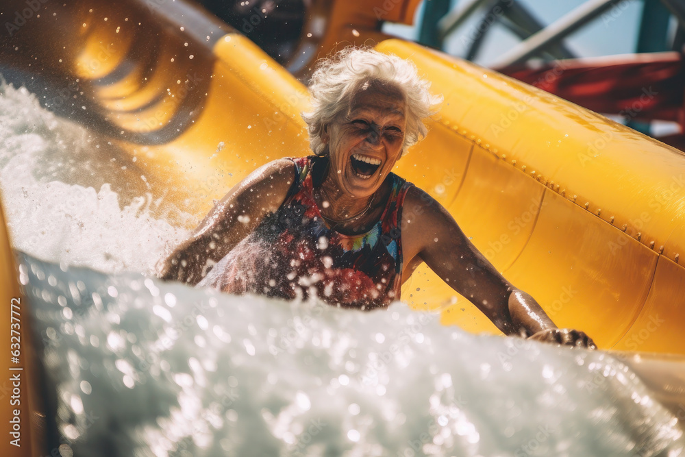 an old woman is rolling down a water slide. grandmother swims in the ...