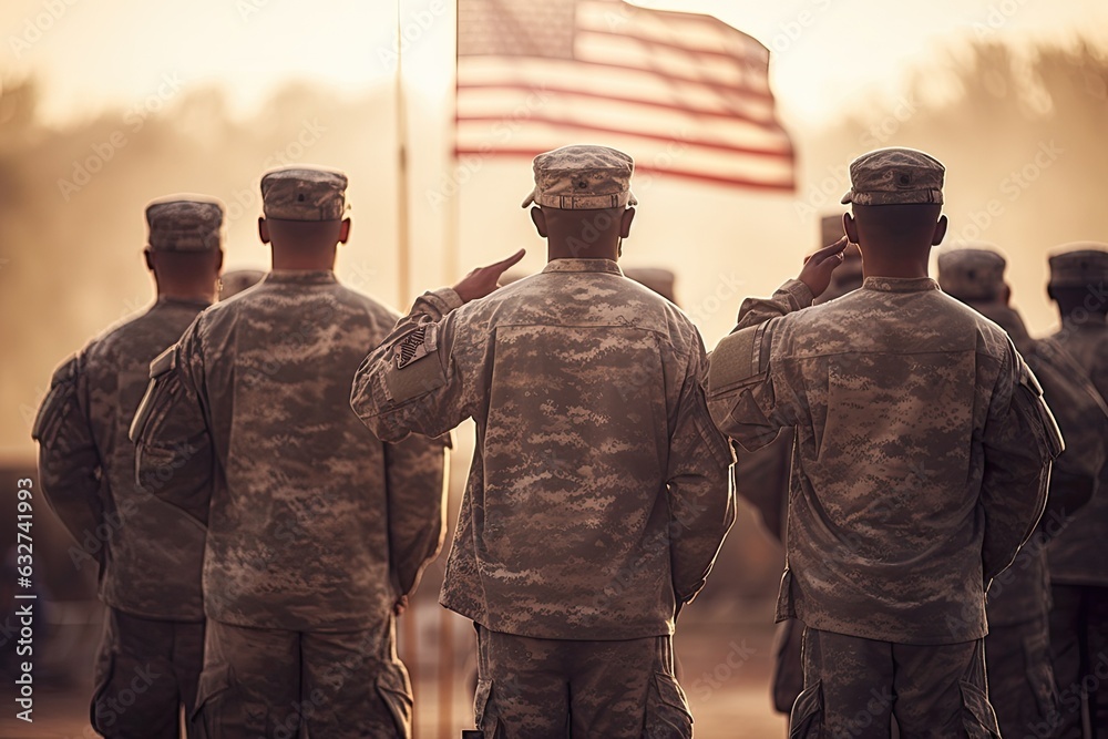 Soldiers of the US army on the background of the American flag ...