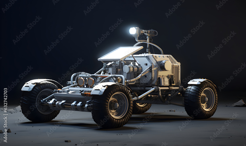 Two-seater, drivable lunar rover with some solar panels, convertible ...