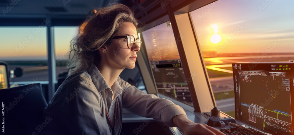 Woman working as air traffic controller. Female sitting at airport ...