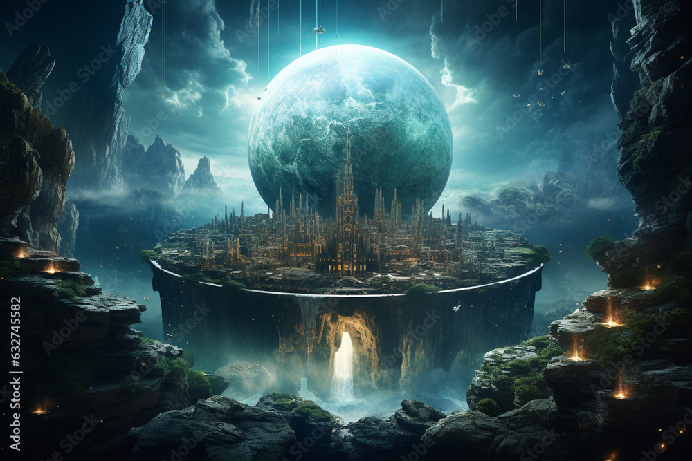fantastical scene of a magic sphere hovering above ancient ruins ...