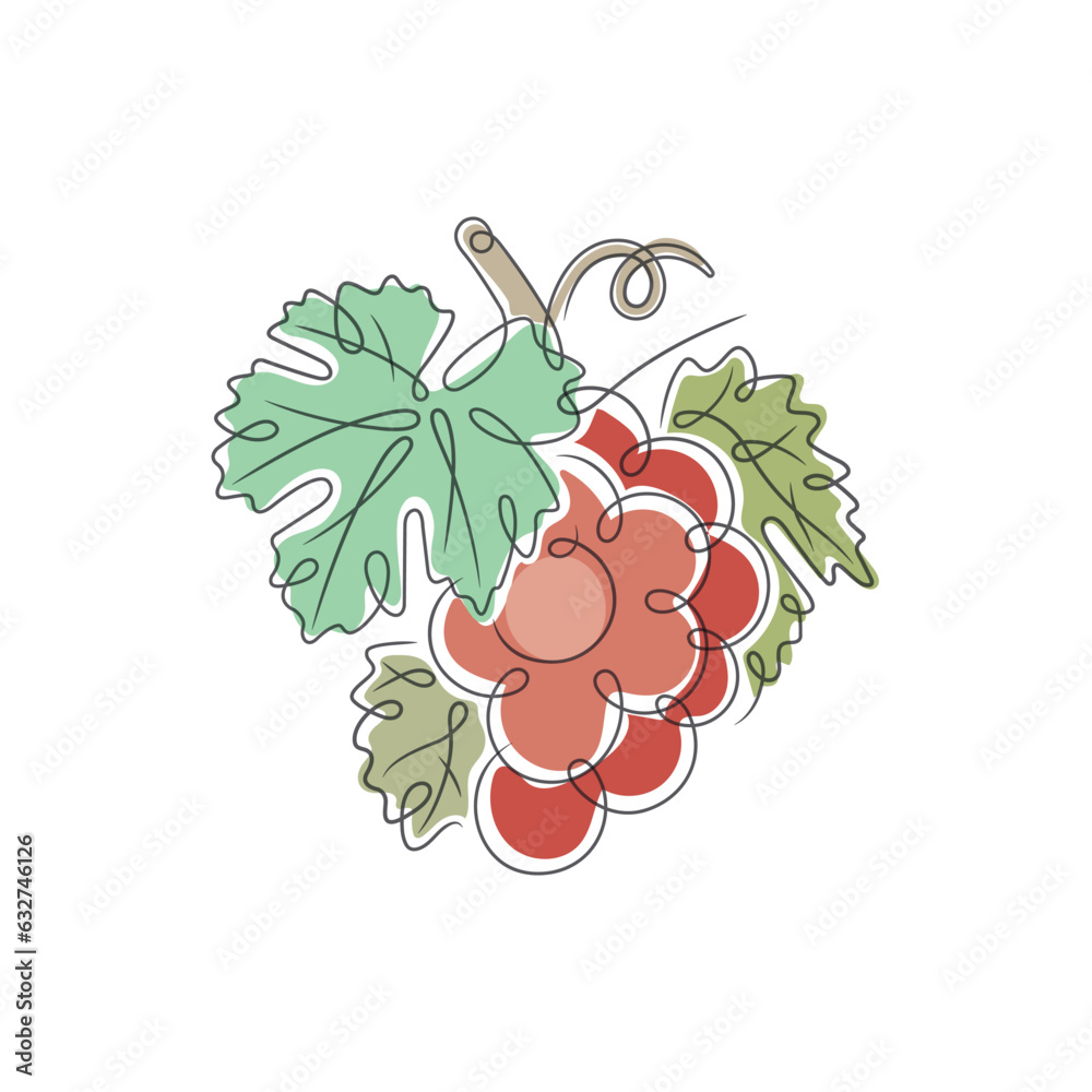 Continuous line red grape bunch drawing. A hand-drawn single line grape ...