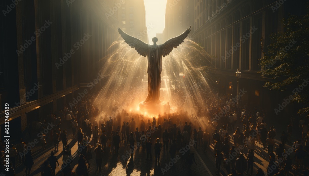 A great statue of a holy angel with wings surrounded by believers ...