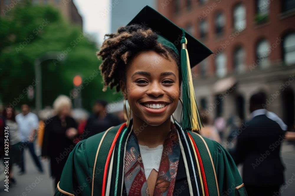 Smiling black woman in graduation gown Stock Photo | Adobe Stock