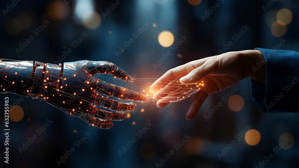 AI, Machine learning, Hands of robot and human touching on big data ...