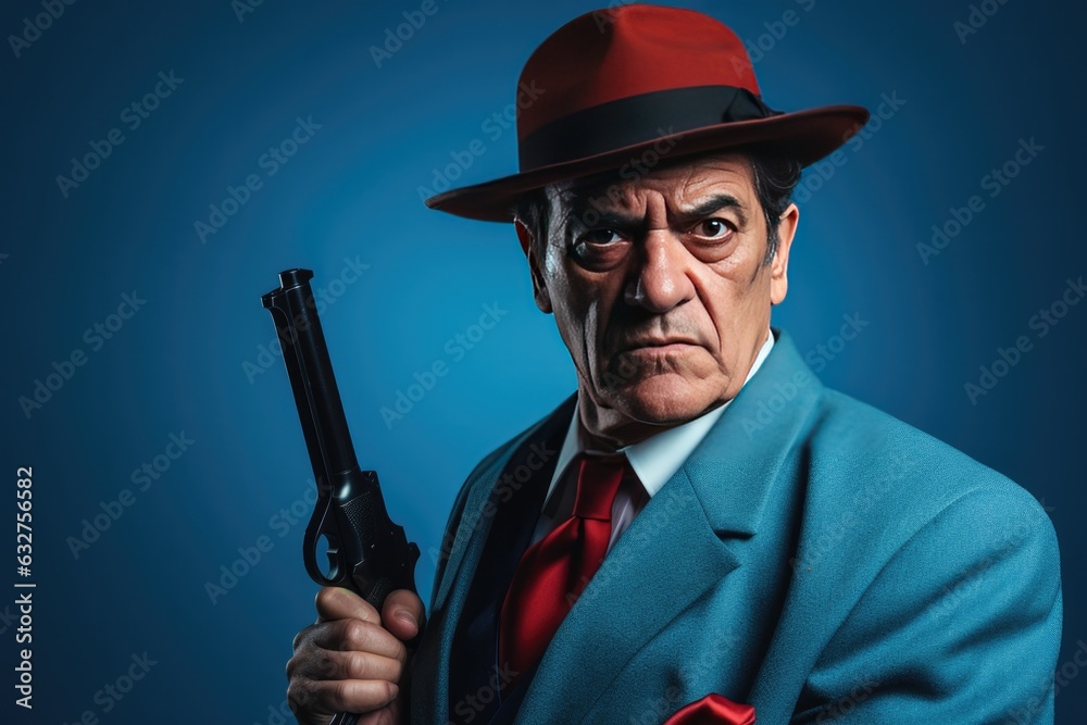 Retro 1950s Gangster with a Gun with Copy Space on a Blue Background ...