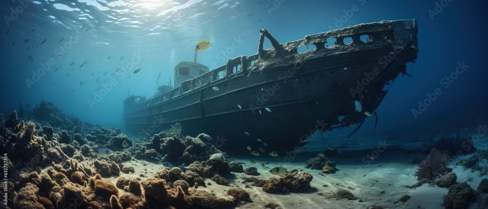 Huge Wreck of a Ship Destroyed located on the Floor of the Ocean. Stock ...