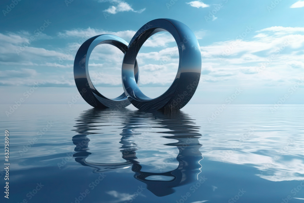 infinity symbol. silver circle on the background of the horizon, water ...
