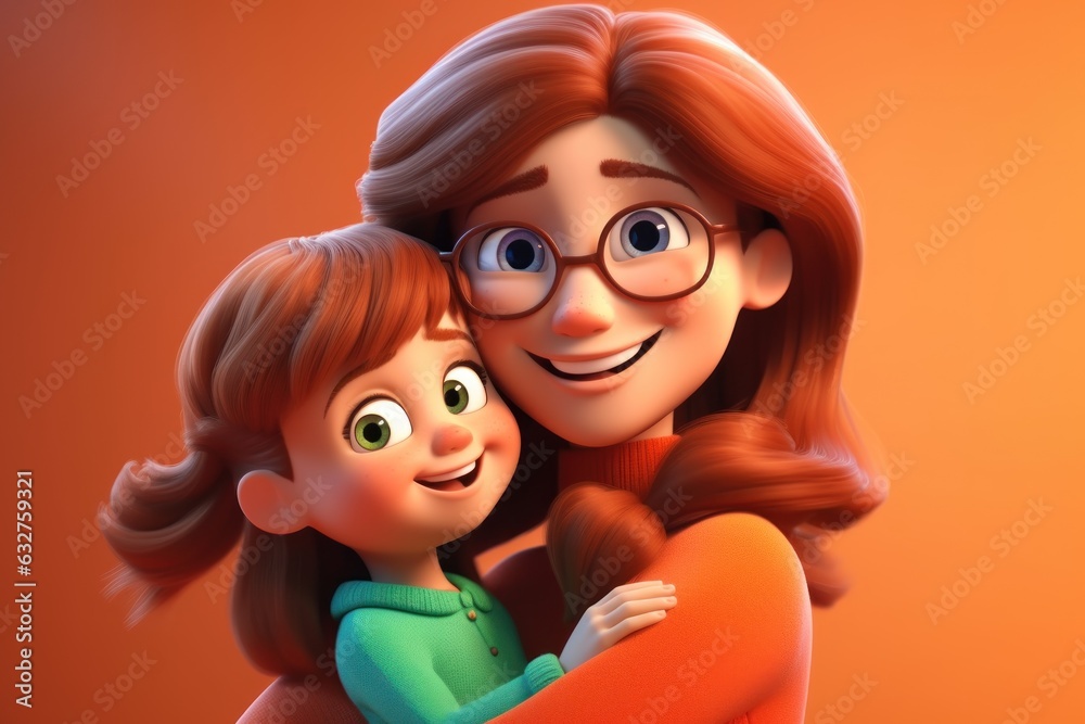 Mother hugging daughter, love, family, together, 3d animation render ...